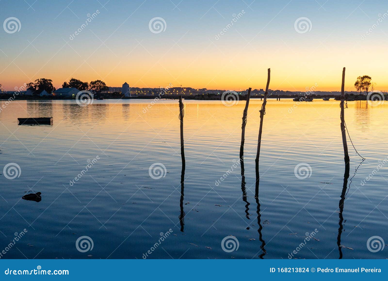The Sunset with Rowboat in Displacement Stock Photo - Image of river ...