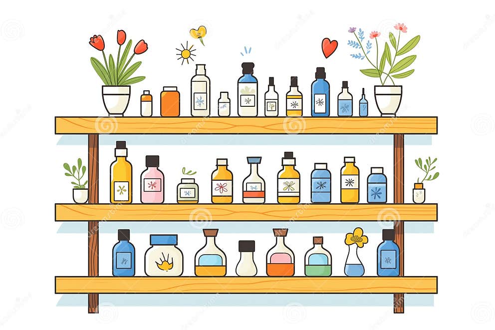 Display of Aligned Essential Oils on a Bathroom Shelf Stock Image ...