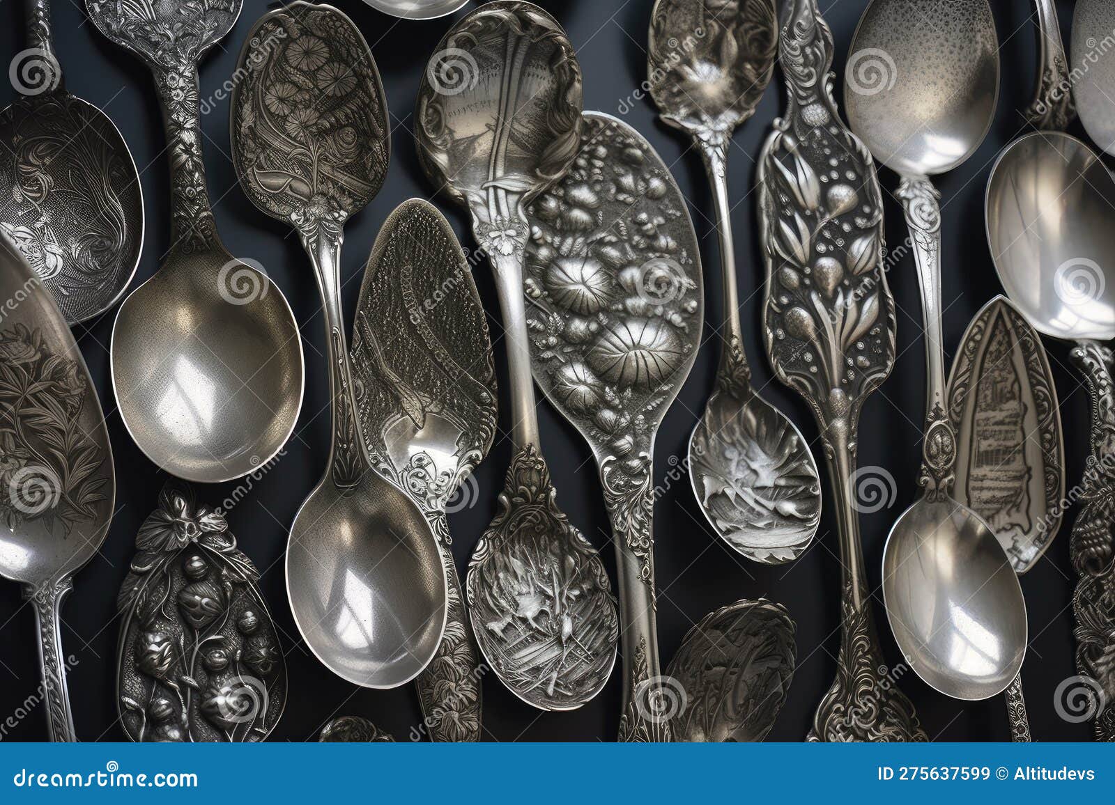 Display of Antique Silver Spoons, with Each One Featuring Different ...