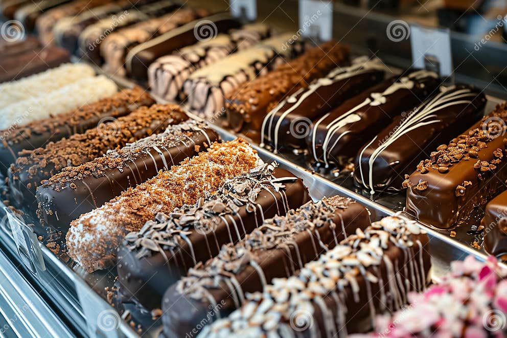 A Display of Assorted Chocolate Bars with Different Toppings Stock ...