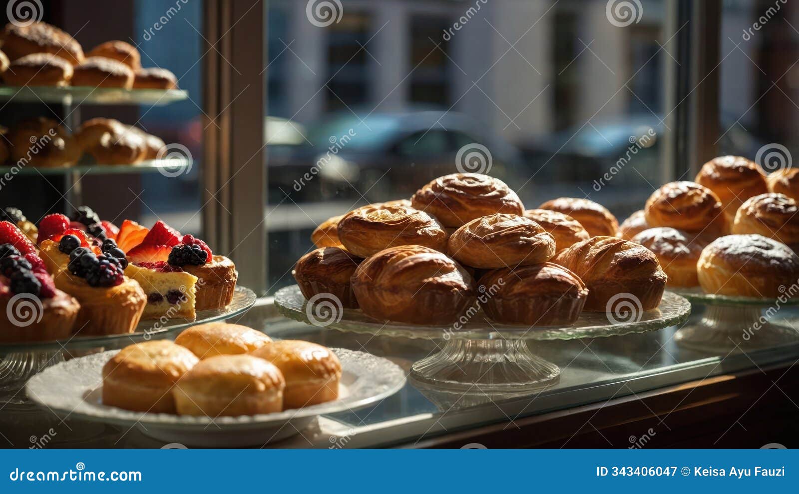 A Display of Assorted Pastries and Desserts in a Bakery Window Stock ...