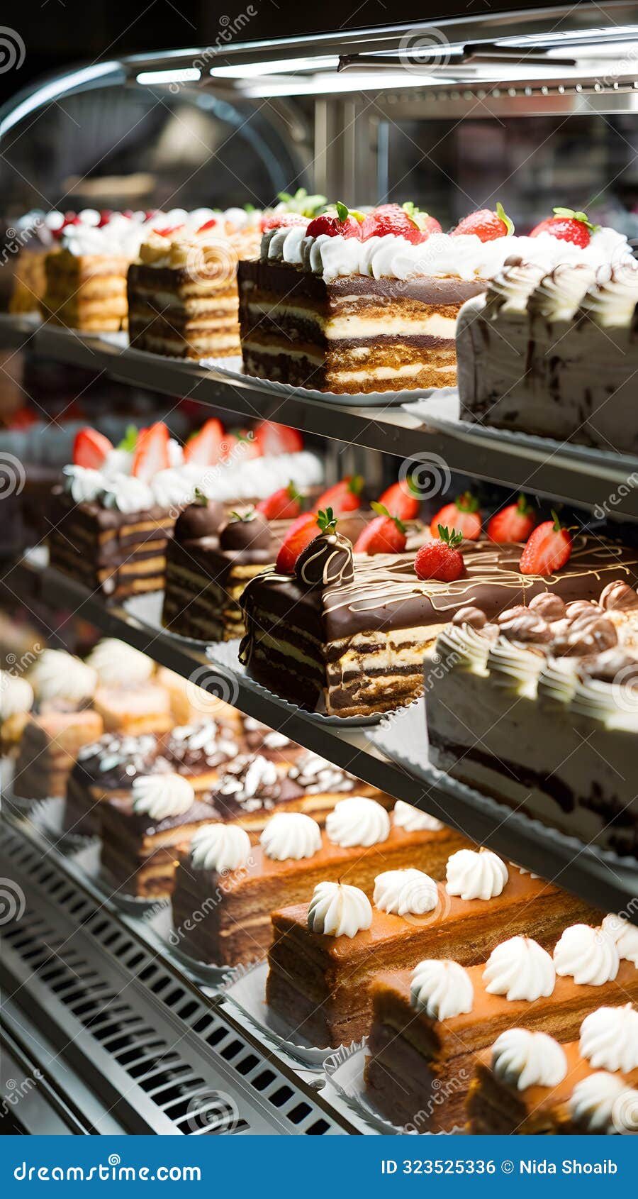 Display Case Filled with Assorted Layered Cakes and Pastries in Bakery ...