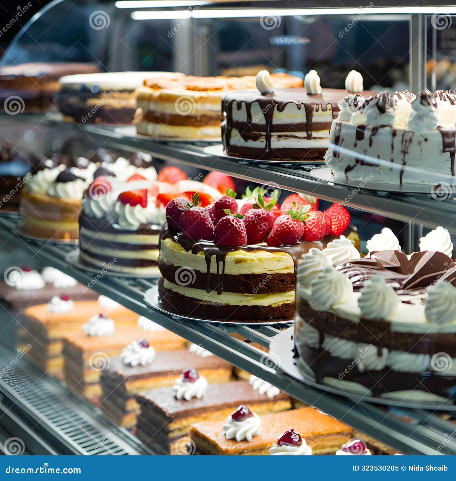 Display Case Filled with Assorted Layered Cakes and Pastries in Bakery ...