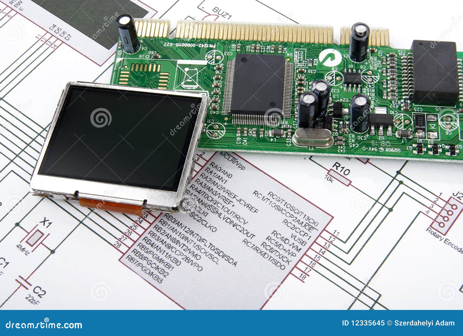 Display and Circuit Board with Schematic Stock Image - Image of drawing ...