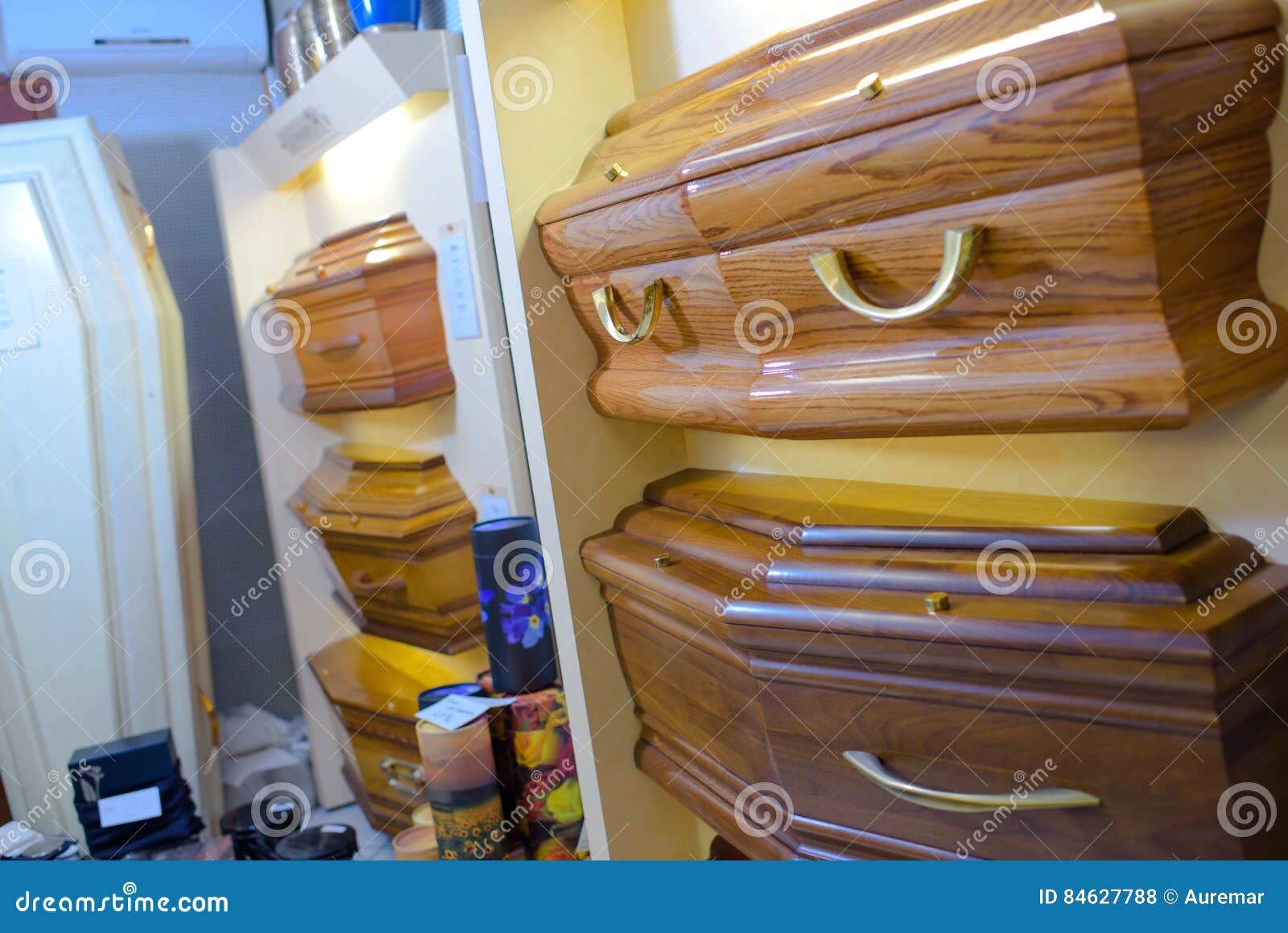 Display Different Styles Coffins Stock Photo - Image of handles ...