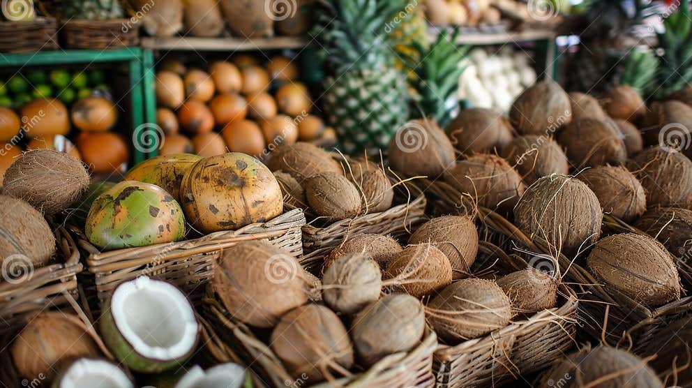 A Display of Different Types of Coconuts Including Green Ripe and Dried ...
