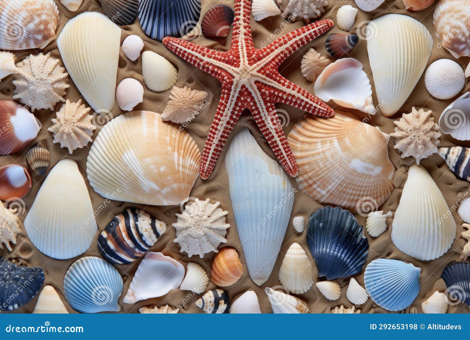 Display of Different Types of Seashells on a Sandy Beach Stock Photo ...