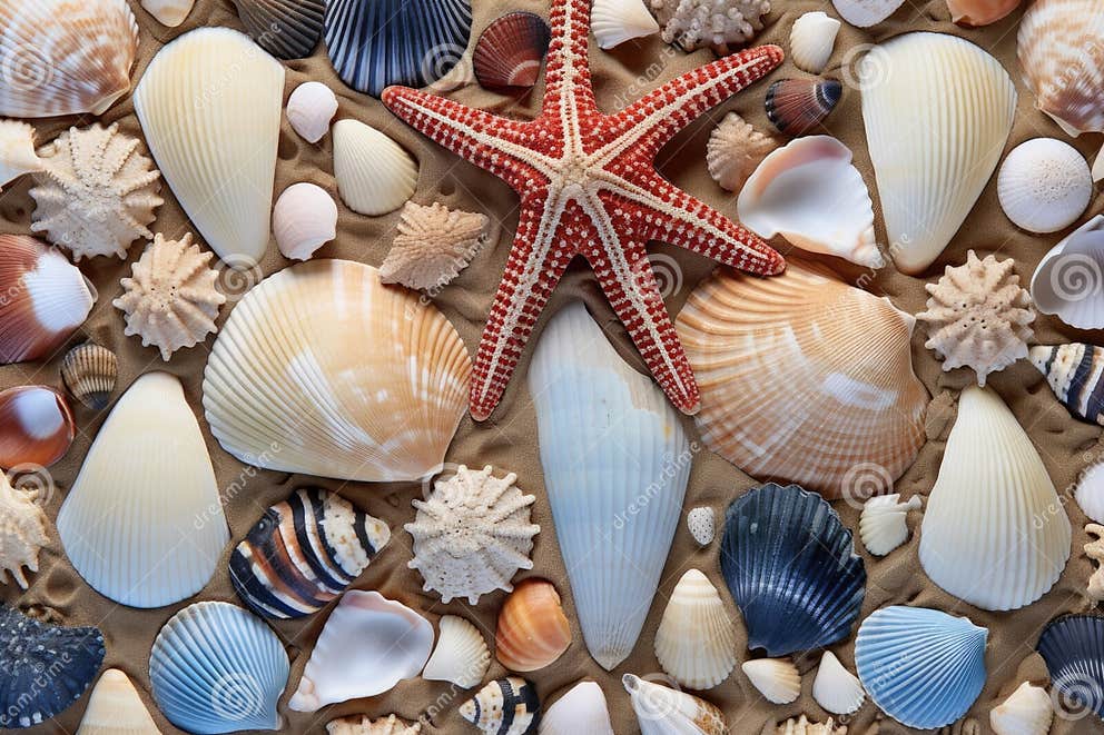 Display of Different Types of Seashells on a Sandy Beach Stock Photo ...