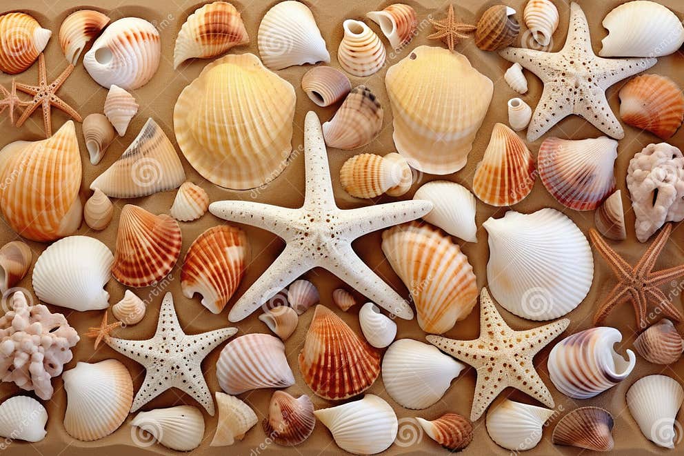 Display of Different Types of Seashells on a Sandy Beach Stock Image ...