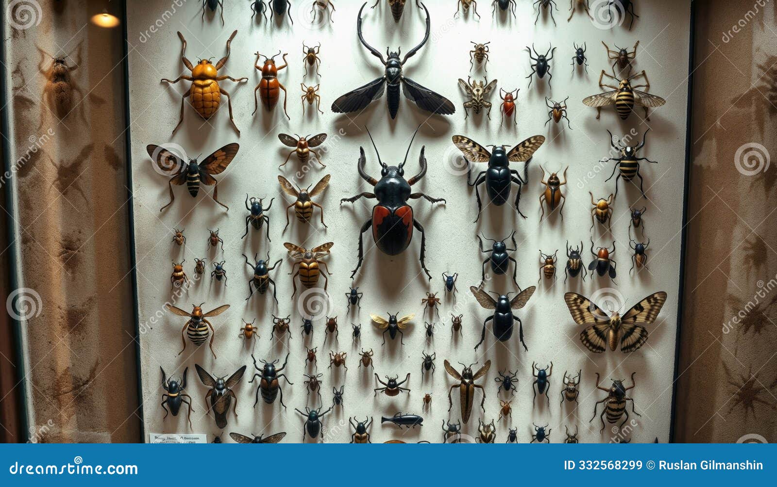 A Display Featuring Various Insect Types Arranged on a Wall Stock Image ...