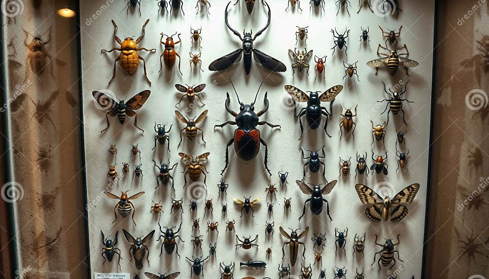 A Display Featuring Various Insect Types Arranged on a Wall Stock Image ...