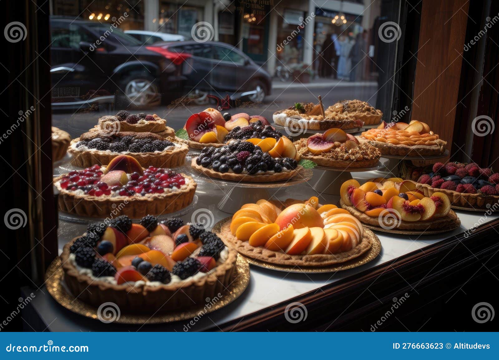 Display of Fruit Pies and Tarts in Bakery Window, Enticing Passersby ...