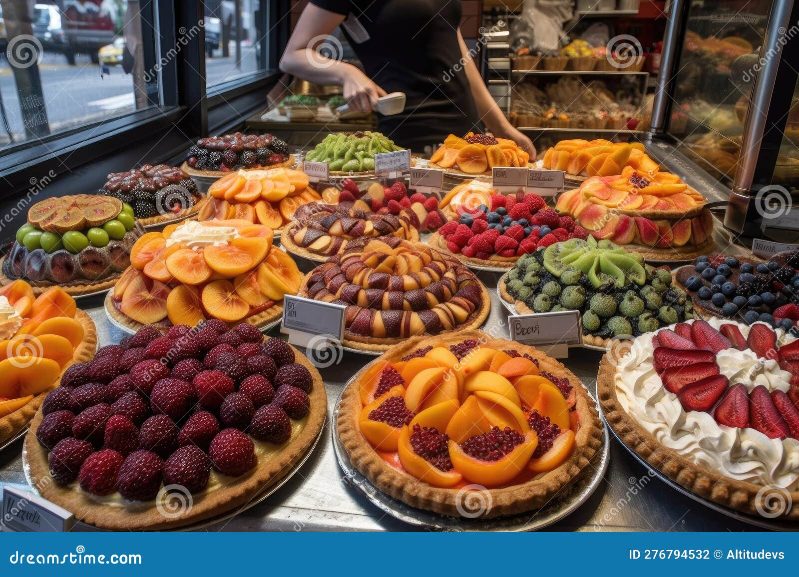 Display of Fruit Pies and Tarts in Bakery Window, Enticing Passersby ...