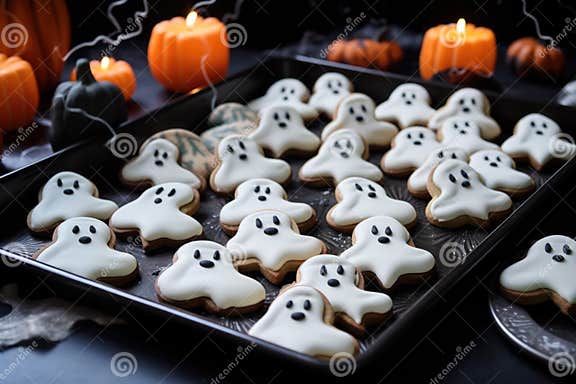 Display of Ghost Cookie Cutouts on a Baking Tray Stock Image - Image of ...