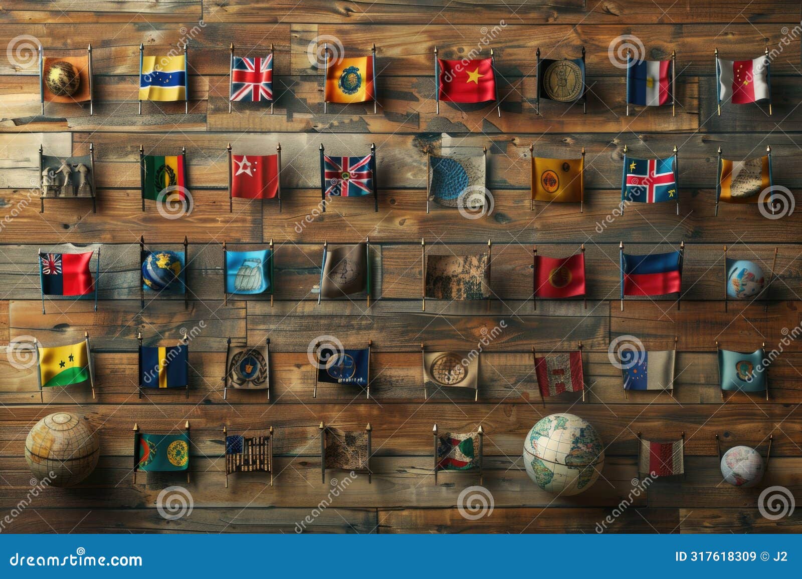 Display of Global Politics Including World Maps, Flags, and UN Symbols ...