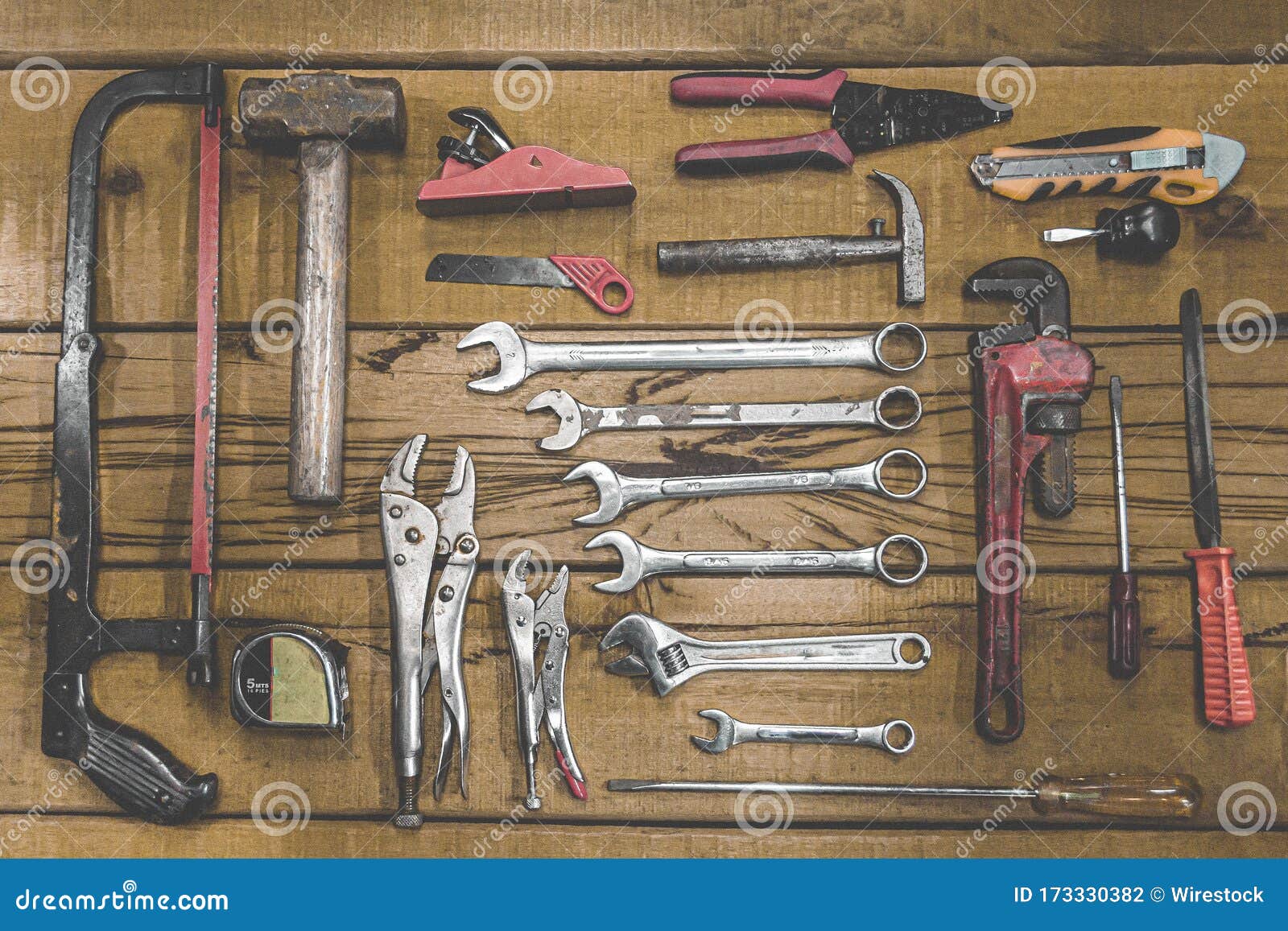 Display of Hand Tools on a Wooden Workbench Stock Photo - Image of ...