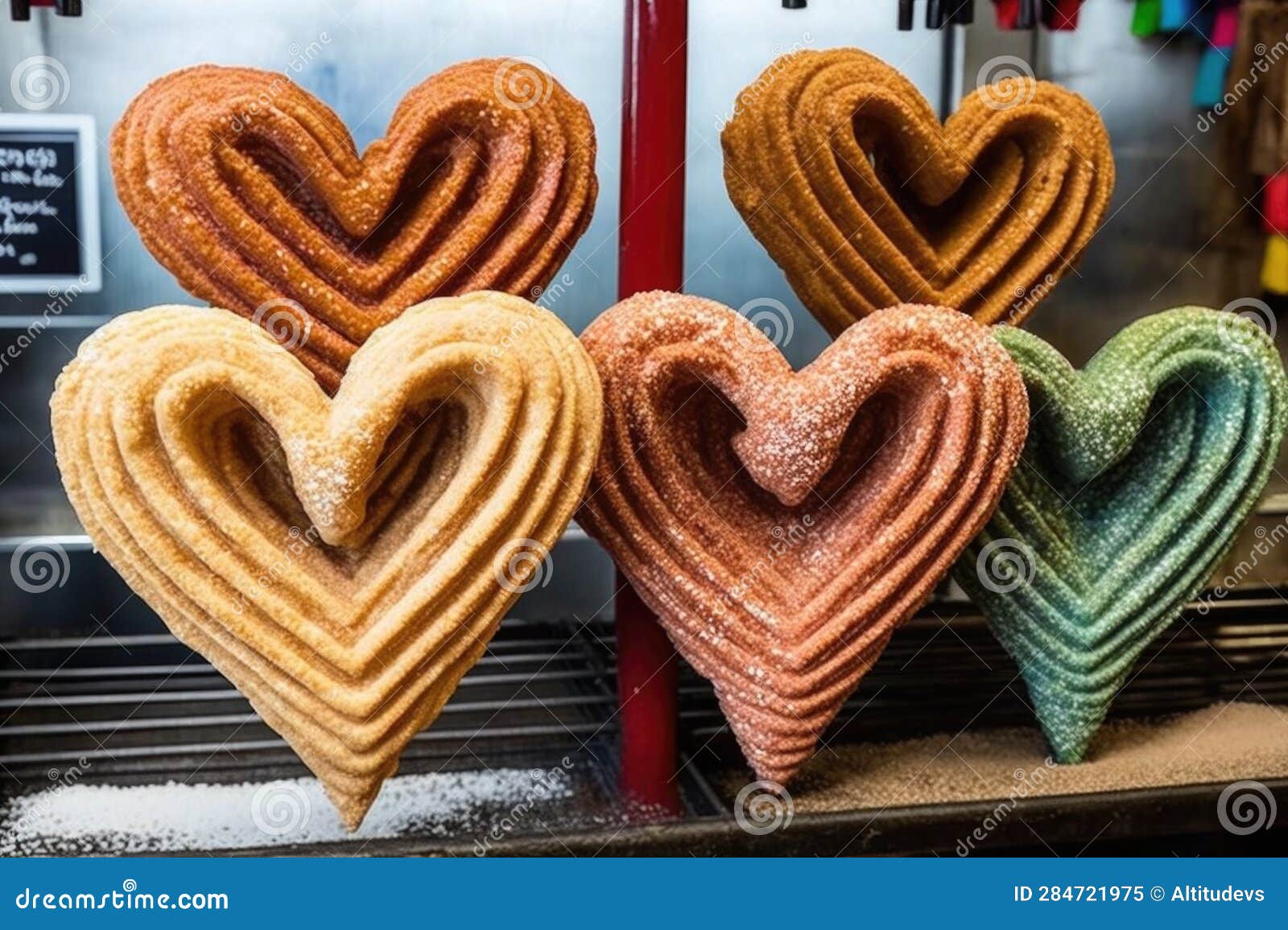 Display of Heart-shaped Churros, Each One Dusted with Different Flavor ...