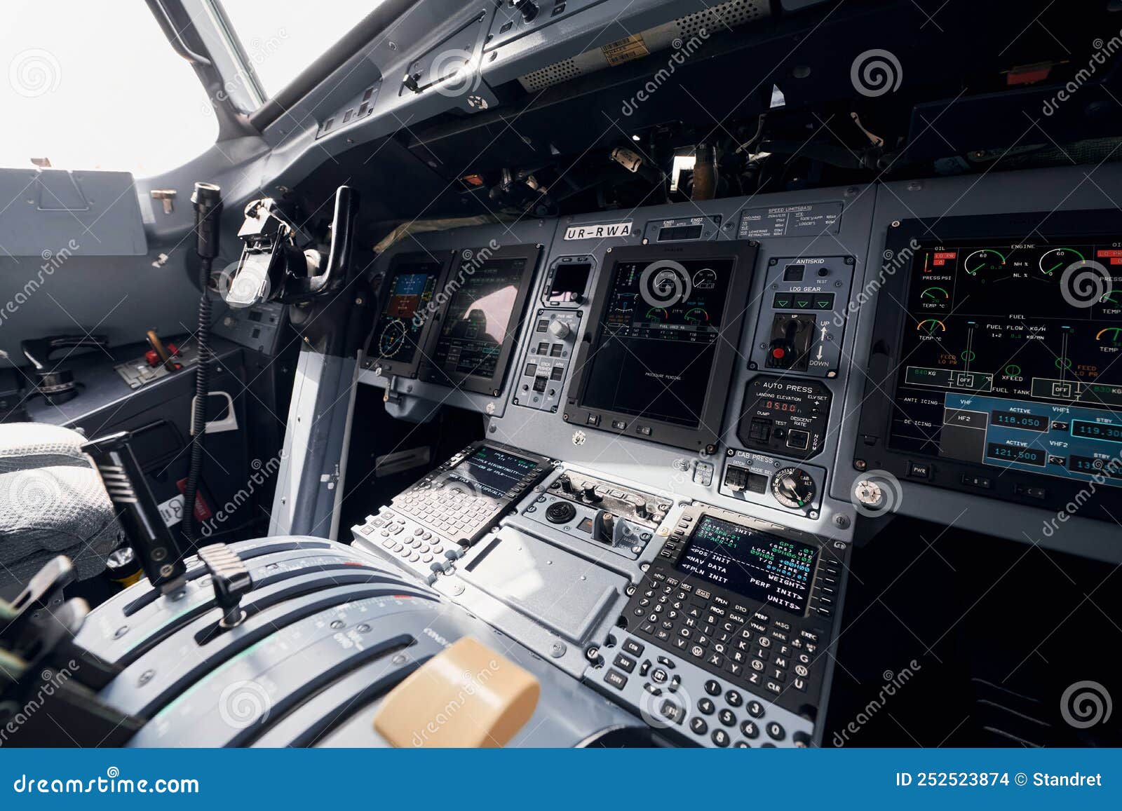 Display with Information. Close Up Focused View of Airplane Cockpit ...