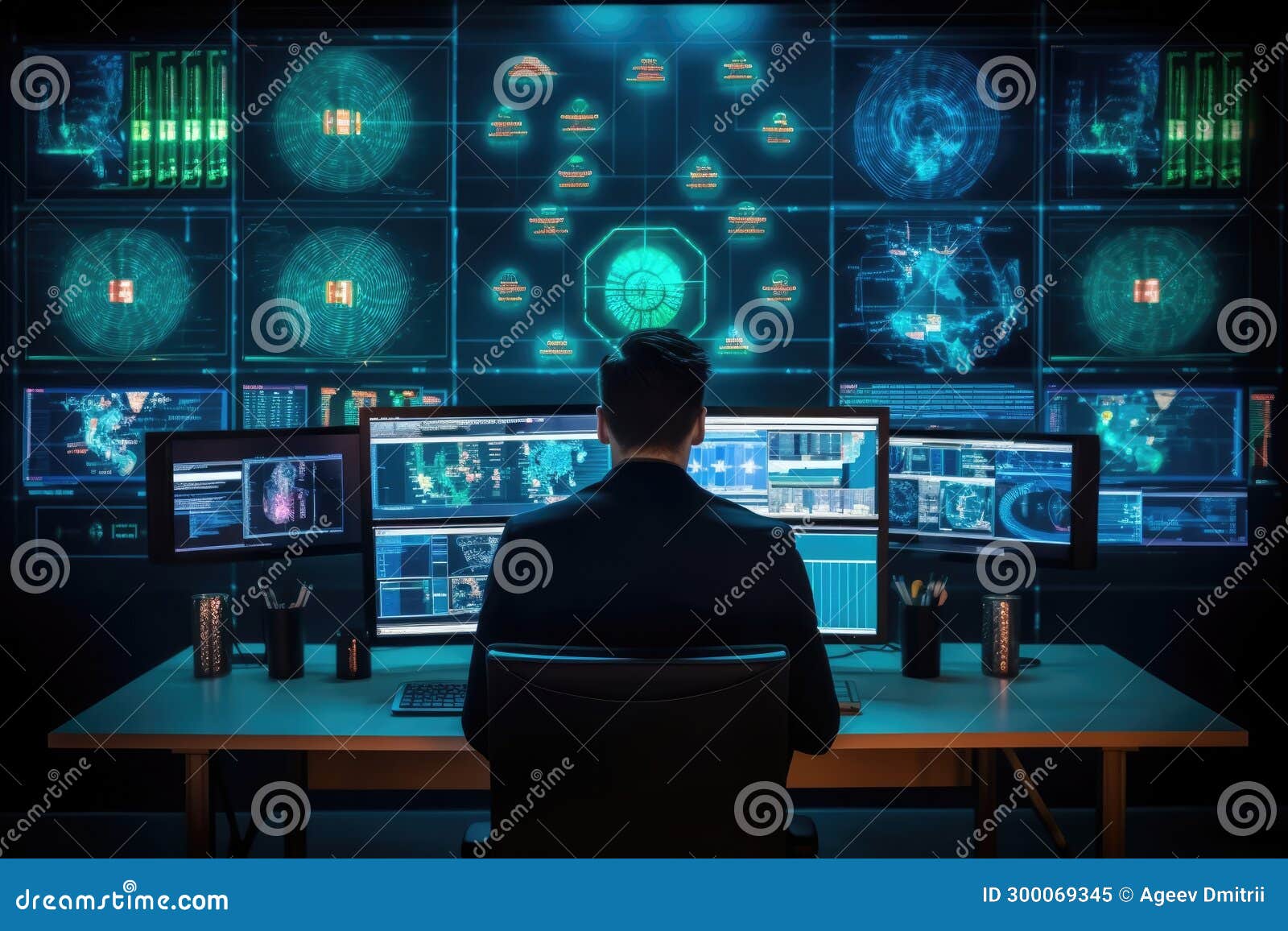 Engineer Man Room Display Screen Security Technology Information System ...