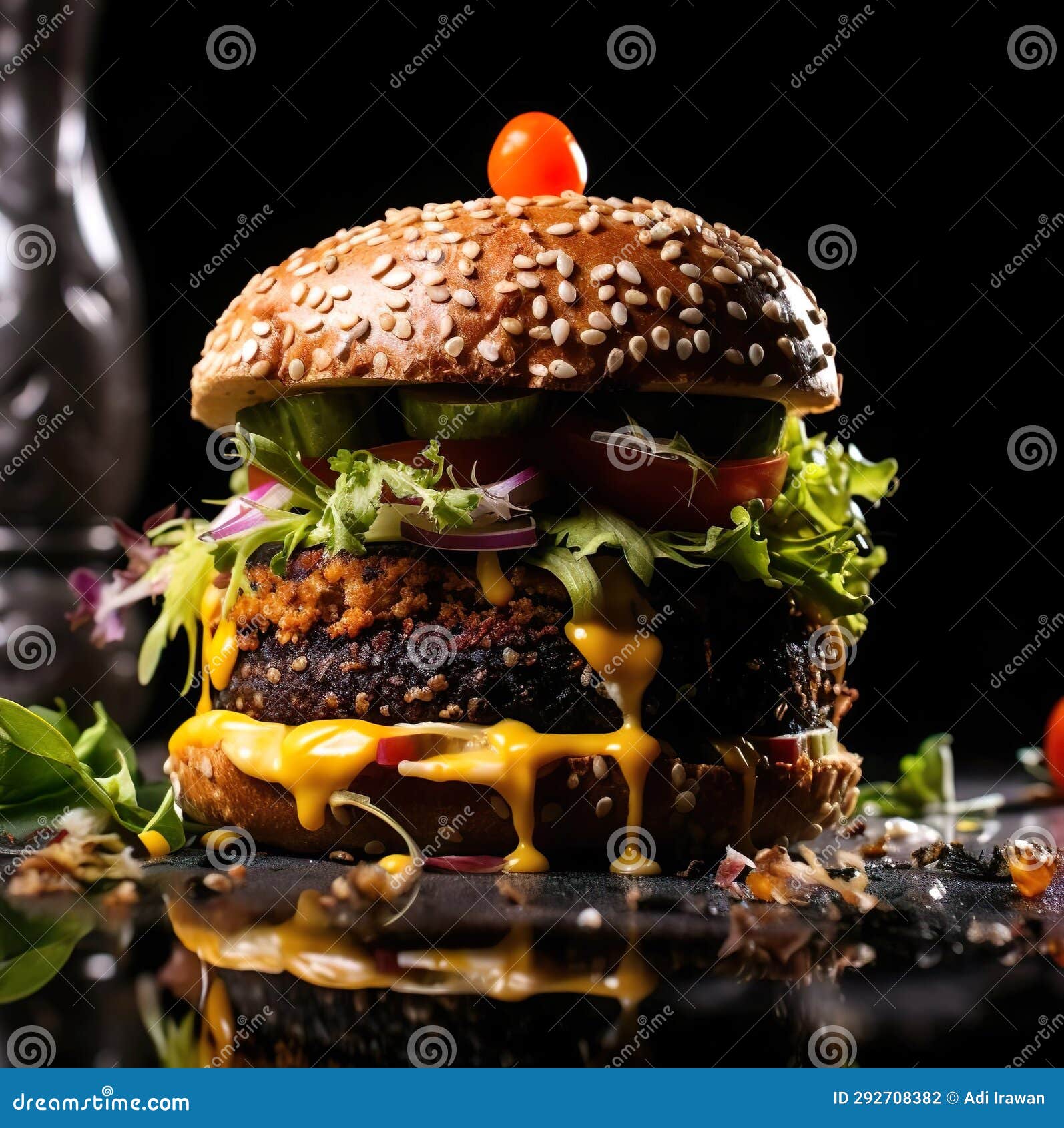 Display of Massive Hamburger with Cherry on it on Black Background ...