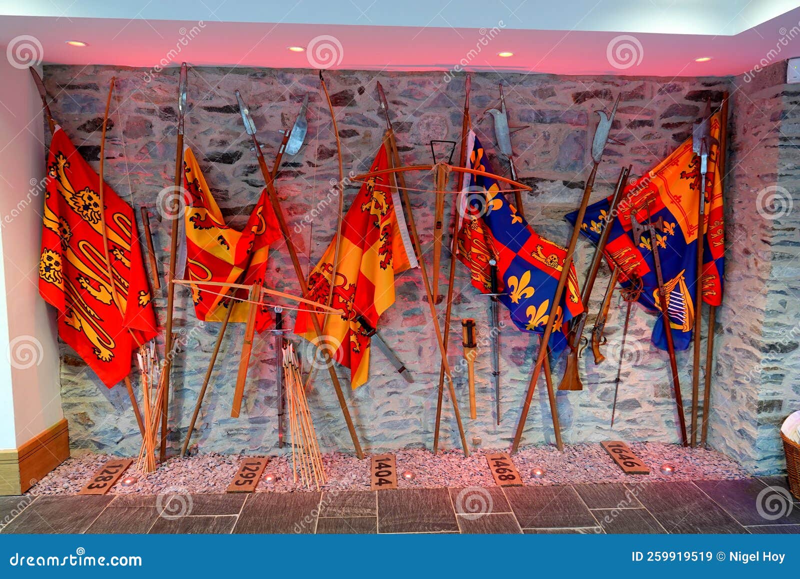 Display of Medieval Weapons and Flags Stock Image - Image of defence ...