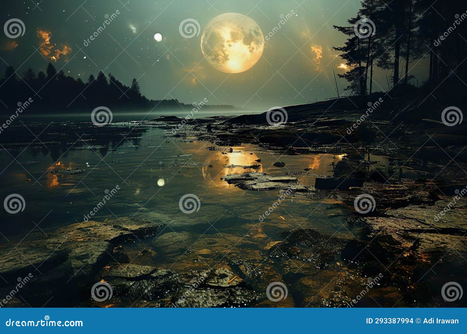 Display of Moon with Reflection of River Stock Illustration ...