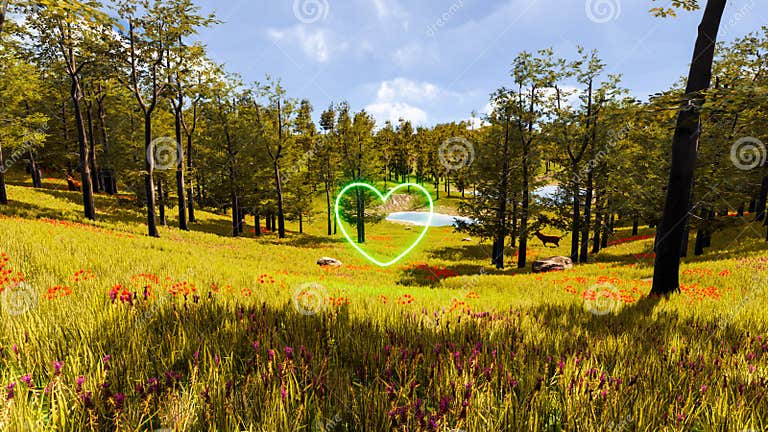 Display of a Neon Heart in a Virtual Forest a Computer Designed Landscape 3d Render Stock ...