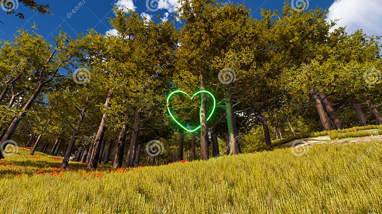 Display of a Neon Heart in a Virtual Forest a Computer Designed Landscape 3d Render Stock ...