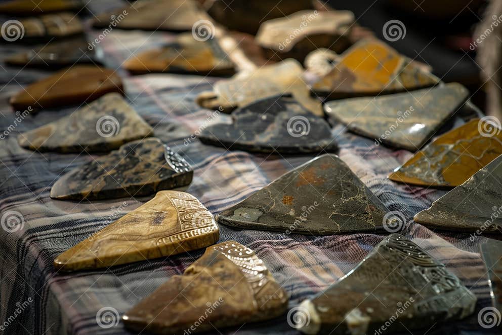 A Display of Polished Stone Axe Heads on Cloth Stock Photo - Image of craftsmanship, generated ...