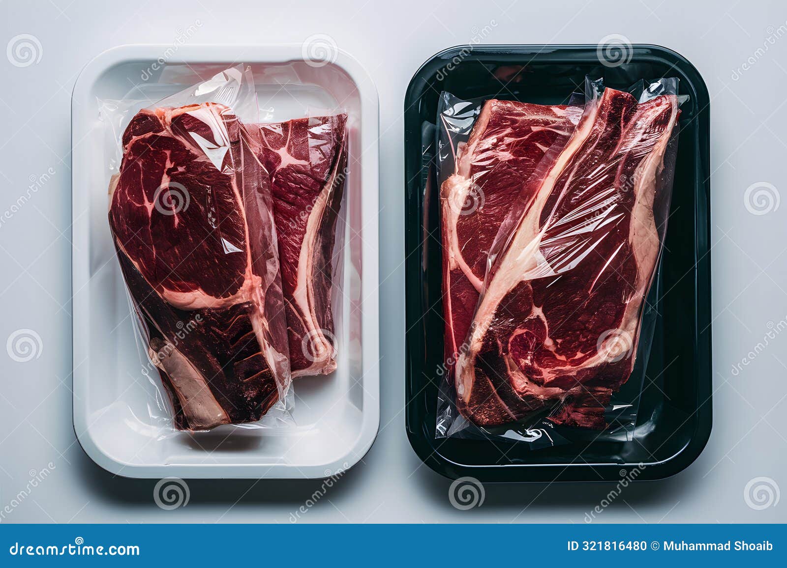 Display of Red Meat on Trays, Wrapped in Plastic, on White Background ...