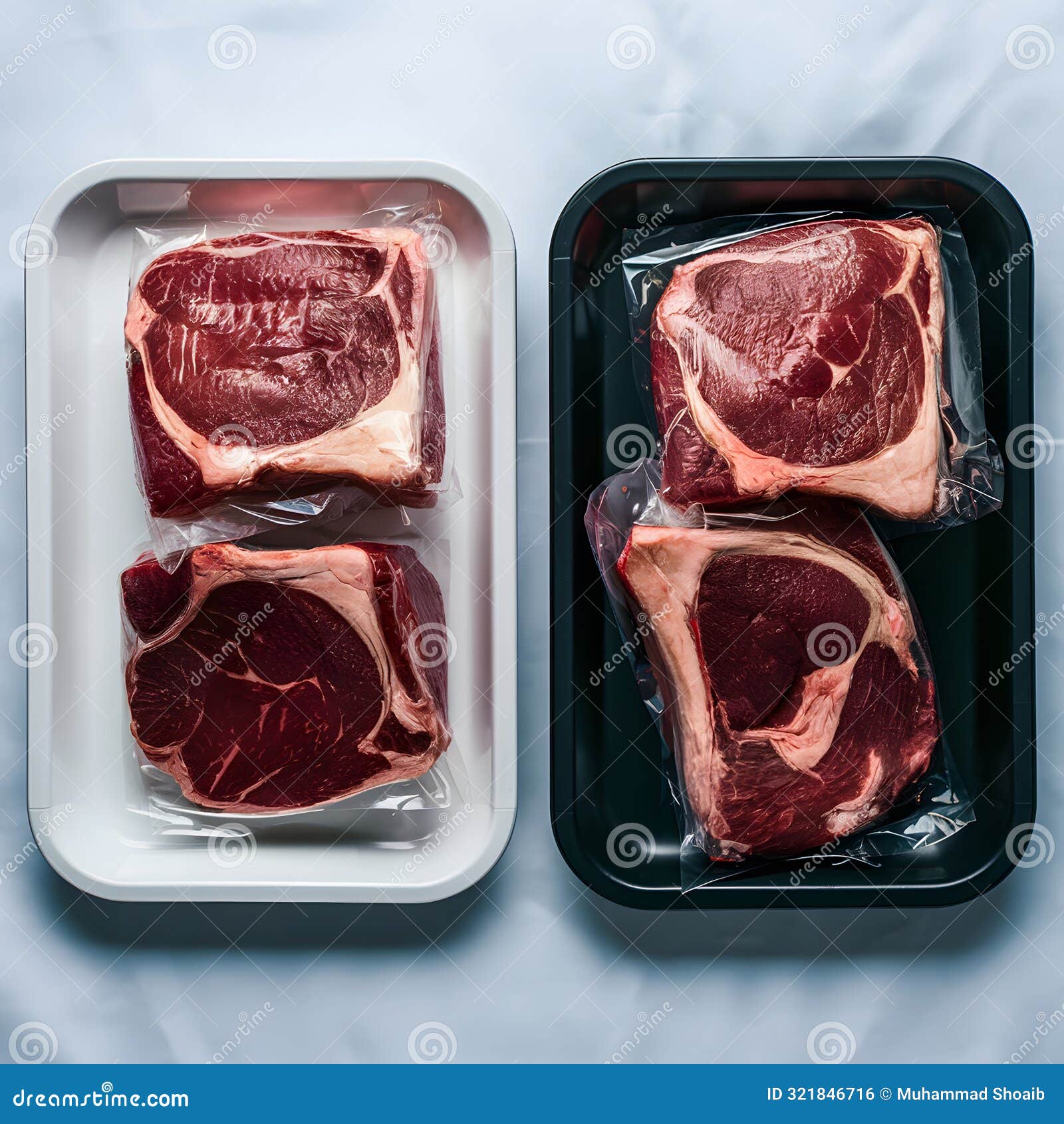 Display of Red Meat on Trays, Wrapped in Plastic, on White Background ...