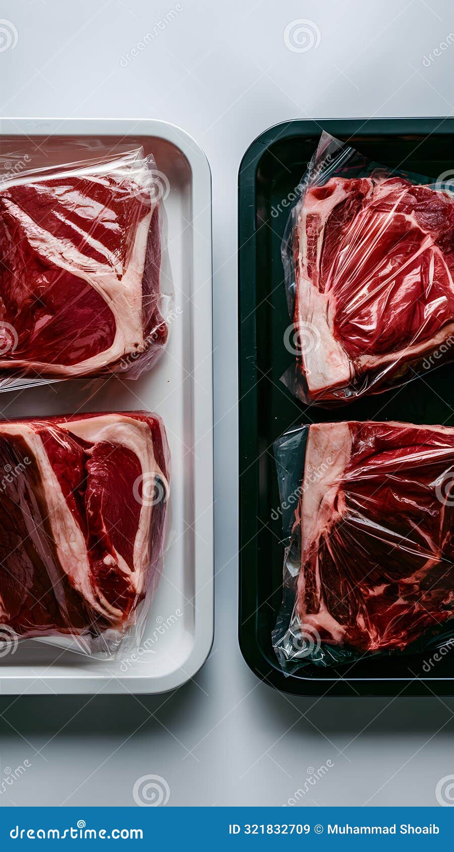 Display of Red Meat on Trays, Wrapped in Plastic, on White Background ...