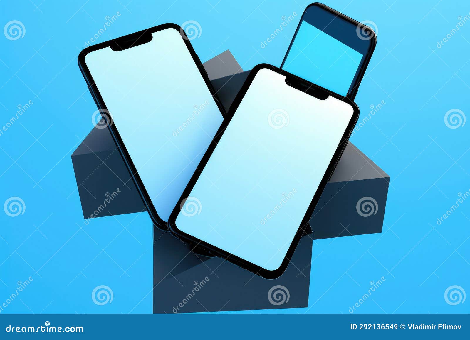 Display of Three Phone Models with Blank Screens Against a Calming Blue ...