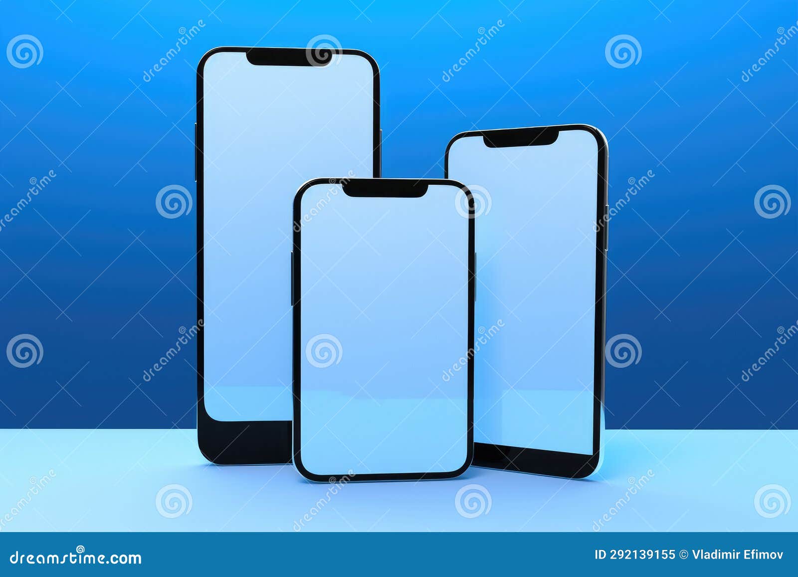 Display of Three Phone Models with Blank Screens Against a Calming Blue ...