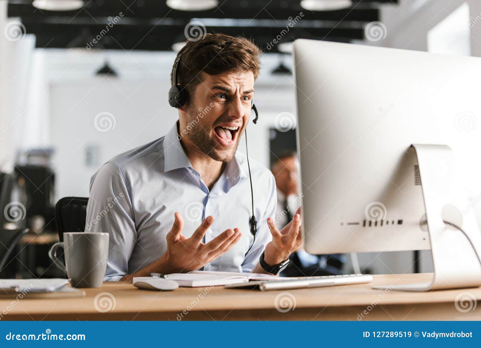 Displeased Office Manager Screaming by Headset with Microphone Stock ...