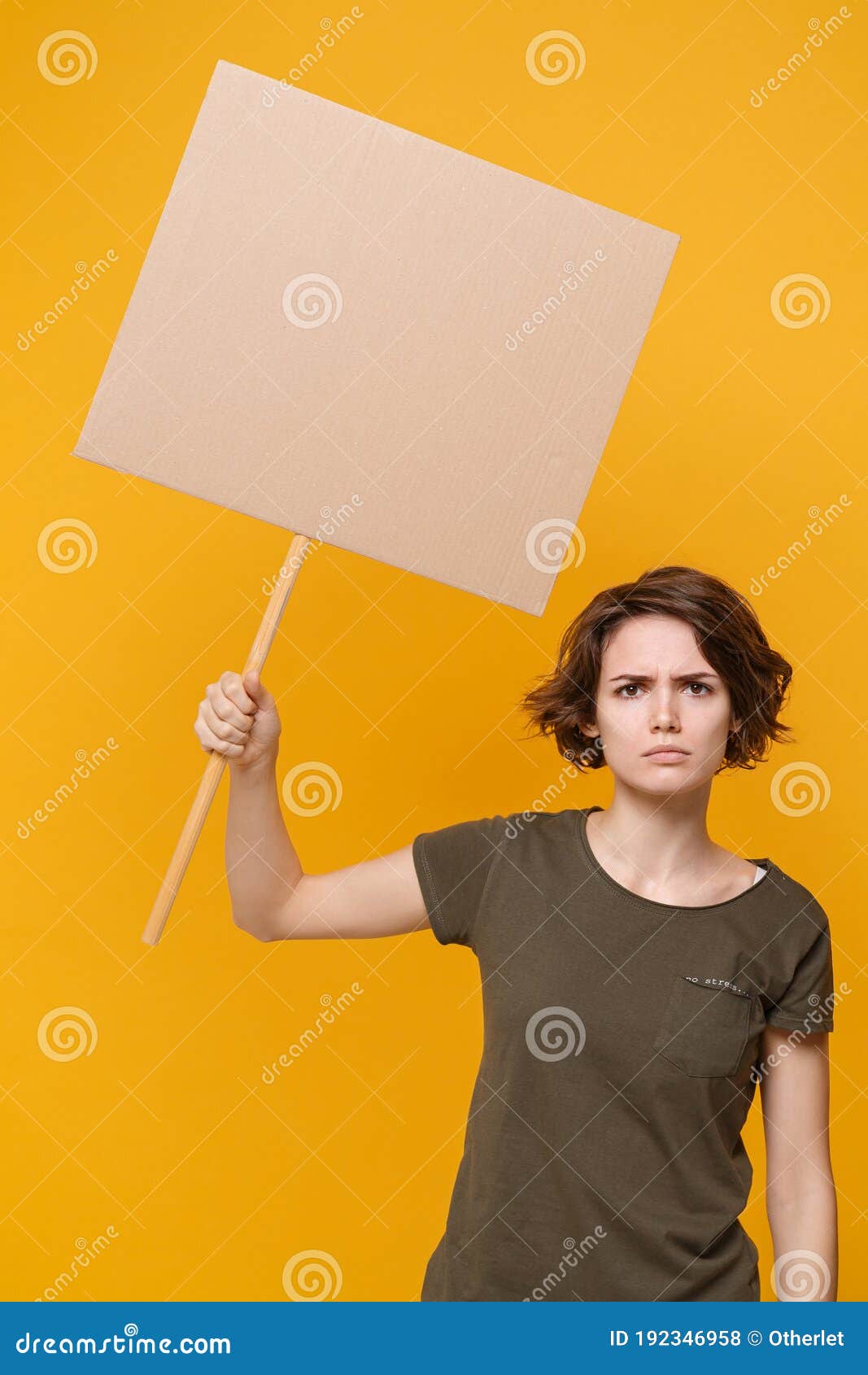 Displeased Young Protesting Woman Girl Hold In Hand Protest Sign