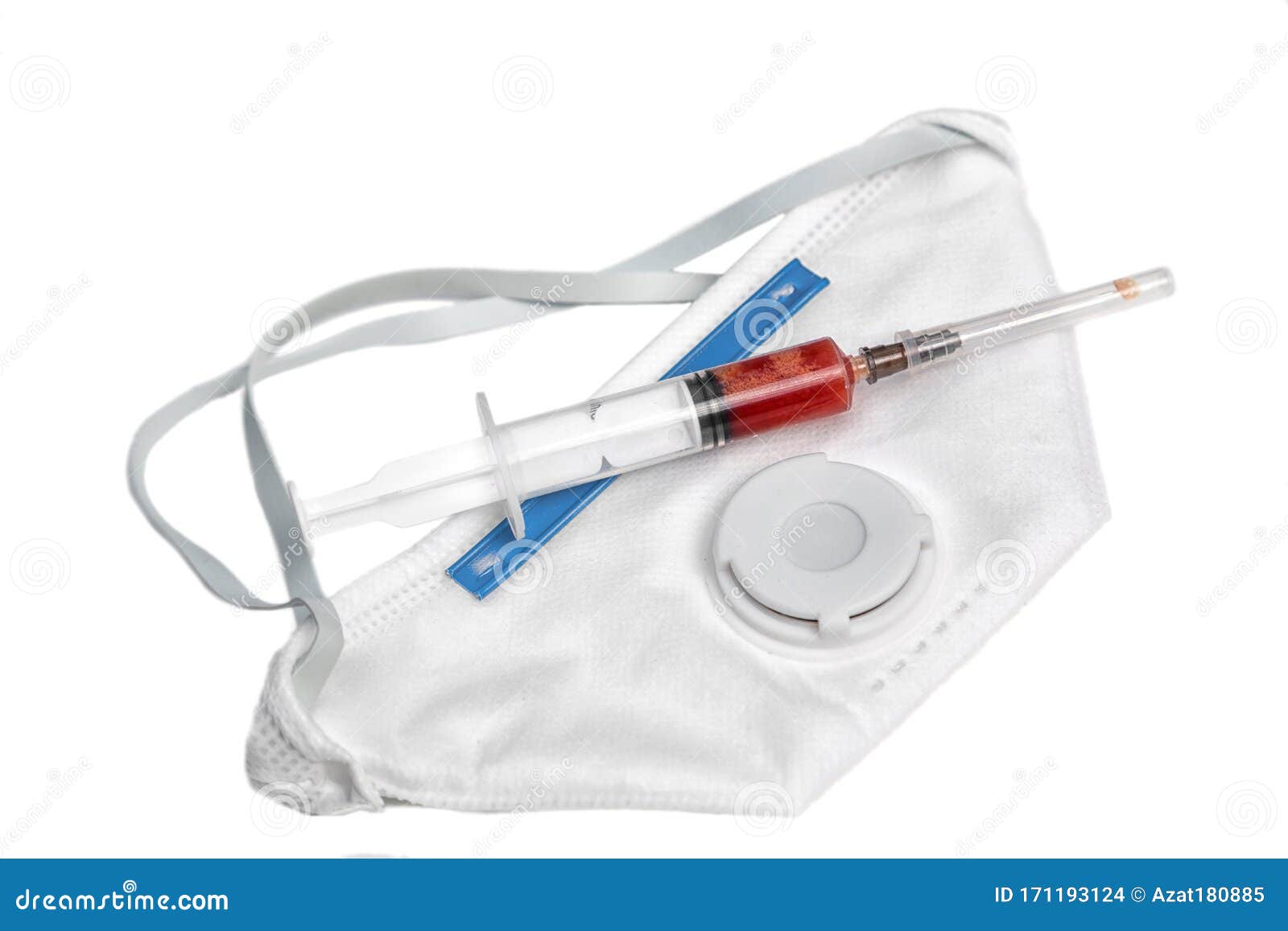 Disposable Mask and Syringe with Blood Samples on a White Isolated ...