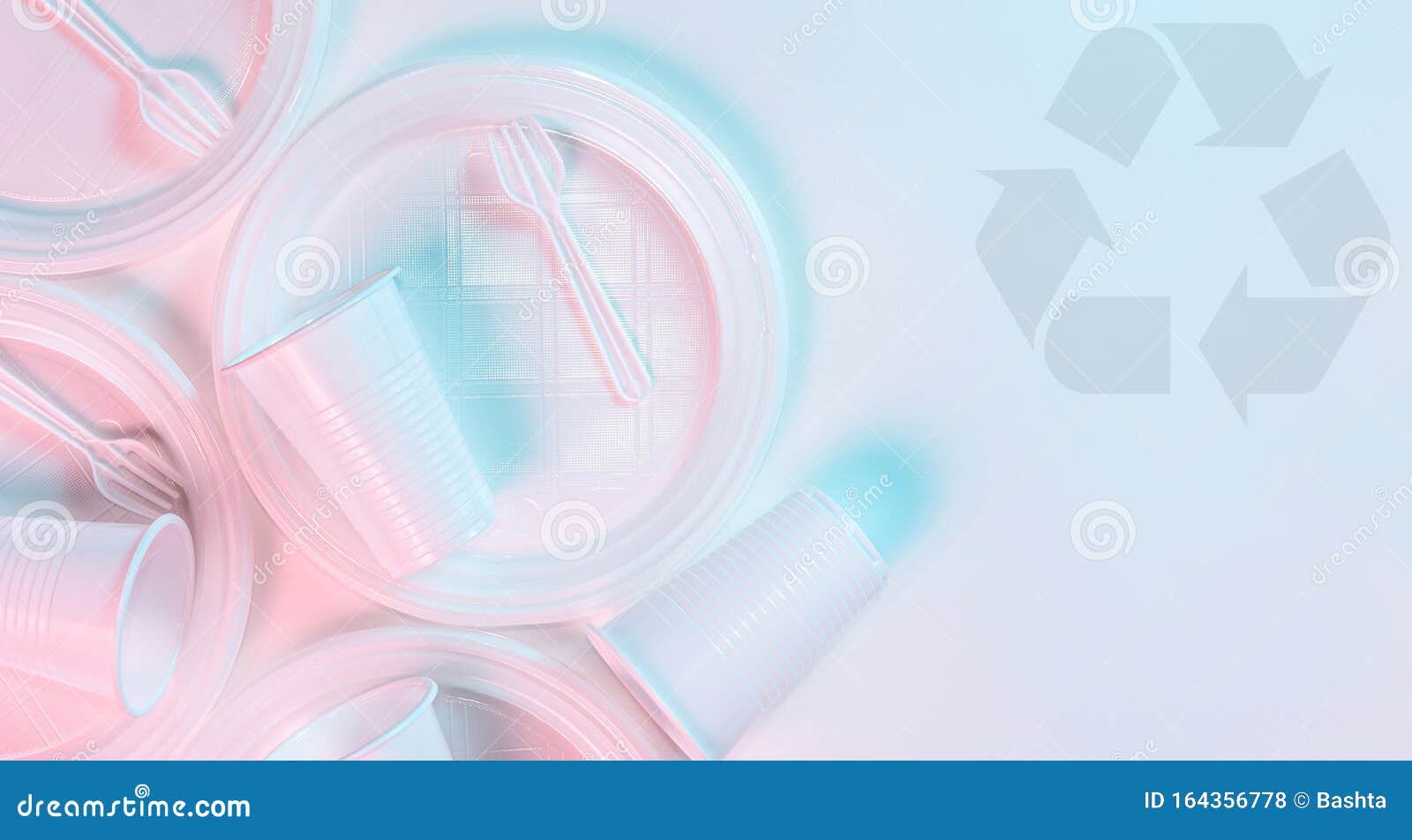 Disposable Plastic Tableware and Recycling Sign on a Light Background ...