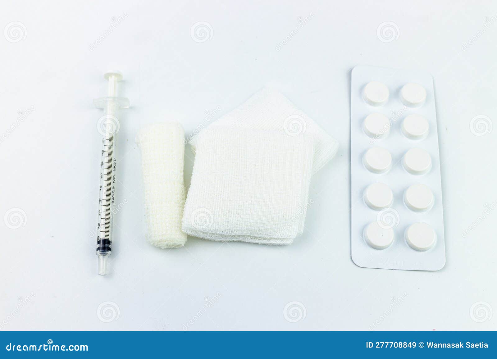 Disposable Syringe, Tablets and Bandage on White Background Stock Image ...