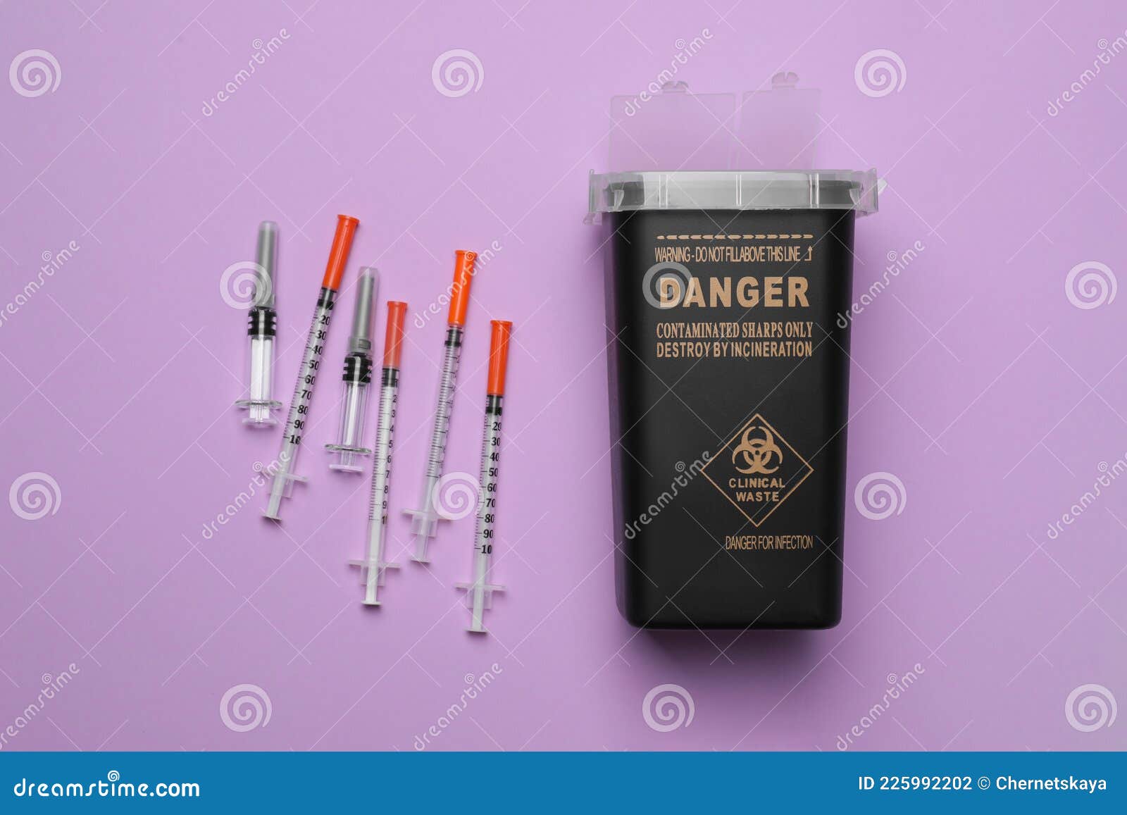 Disposable Syringes and Sharps Container on Violet Background, Flat Lay ...