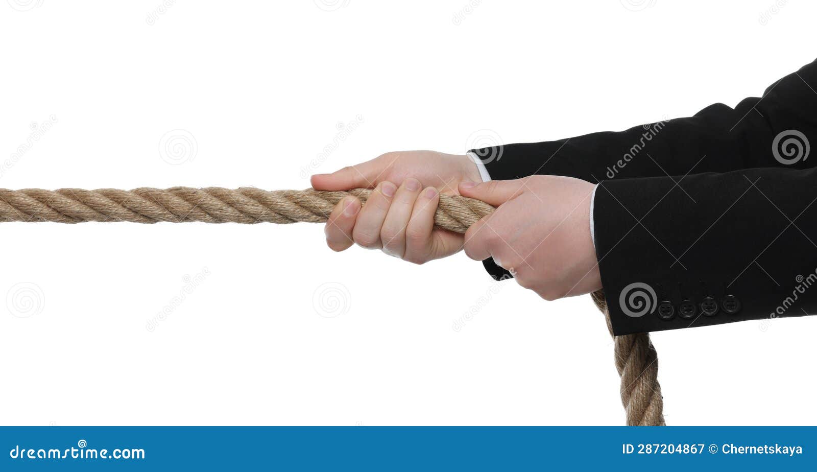 Dispute Concept. Man Pulling Rope on White Background, Closeup Stock ...