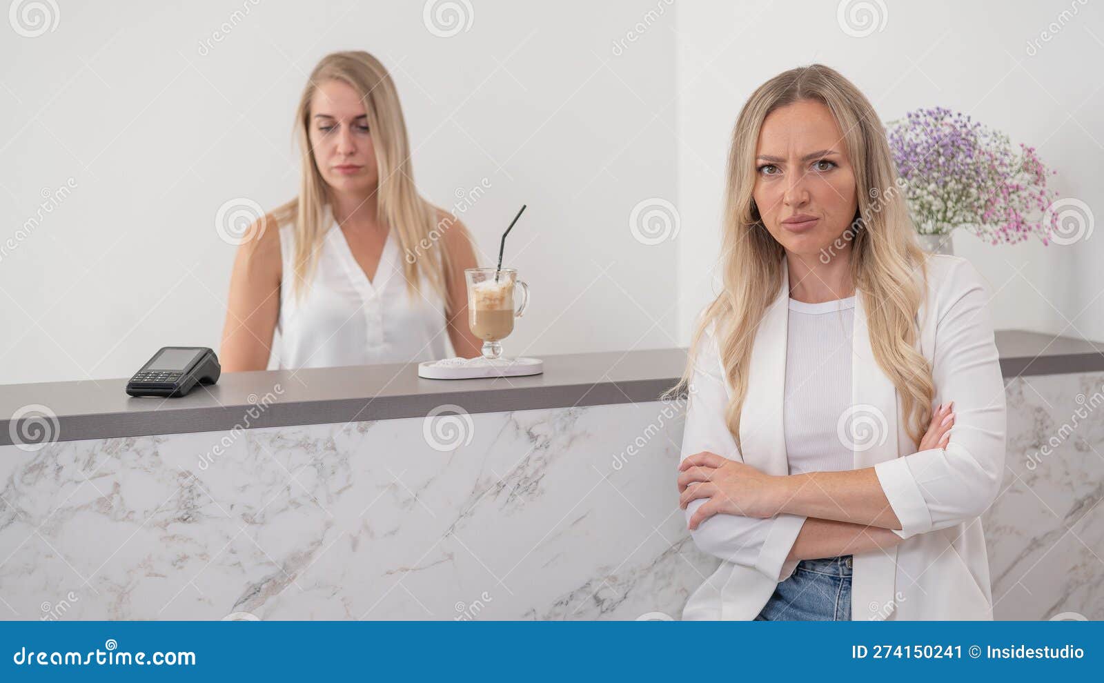 Dissatisfied Client Stands at the Reception of a Beauty Salon. Stock ...