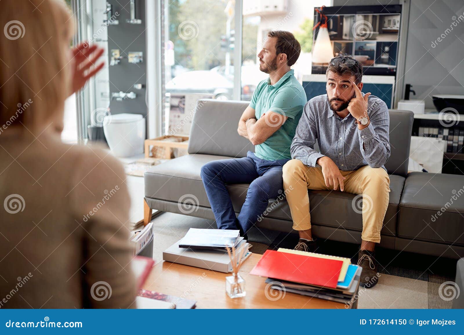 Dissatisfied Customer with Salesman in Store for the House Stock Photo ...