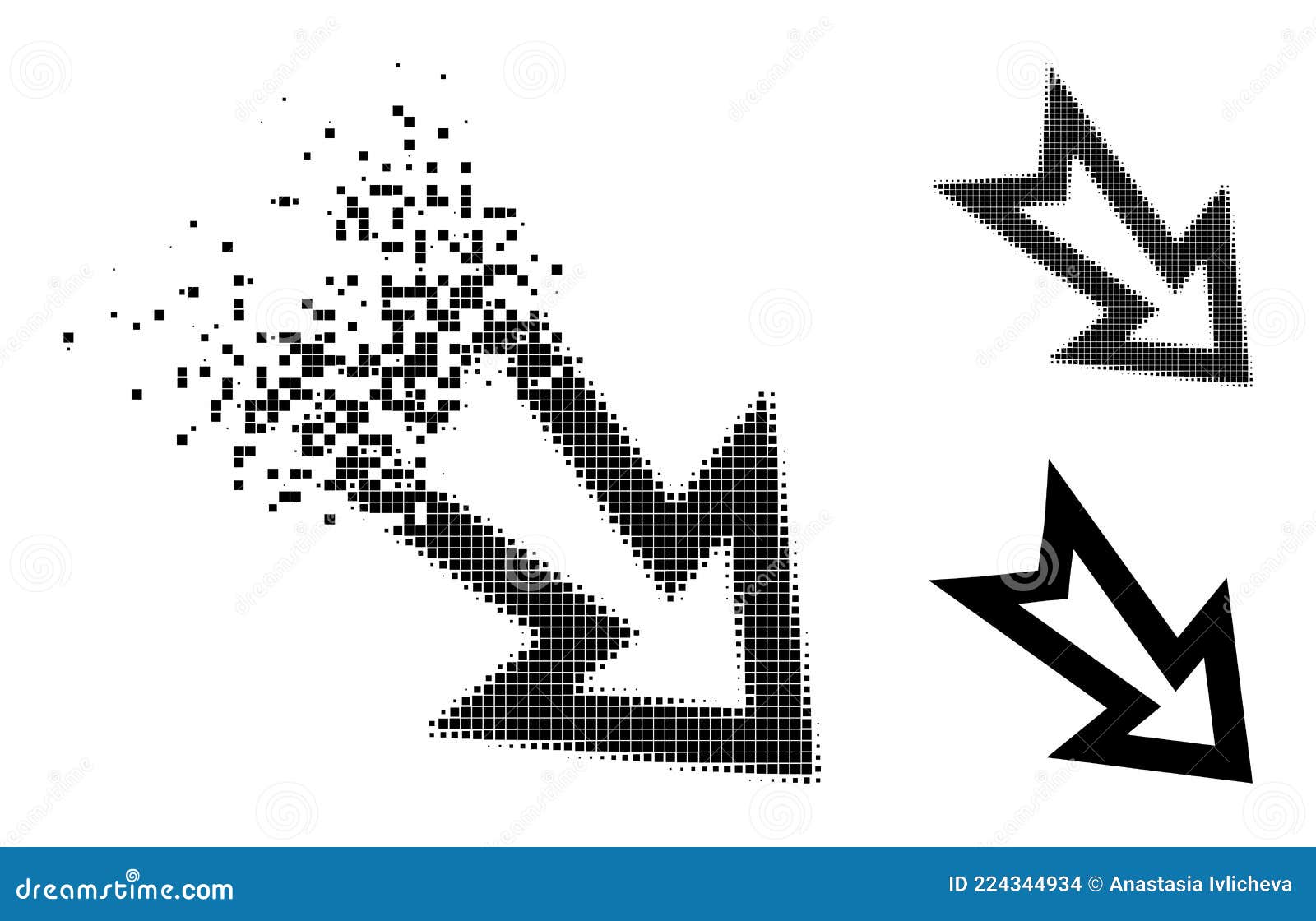 Dissipated and Halftone Pixel Arrow Right Down Icon Stock Vector ...