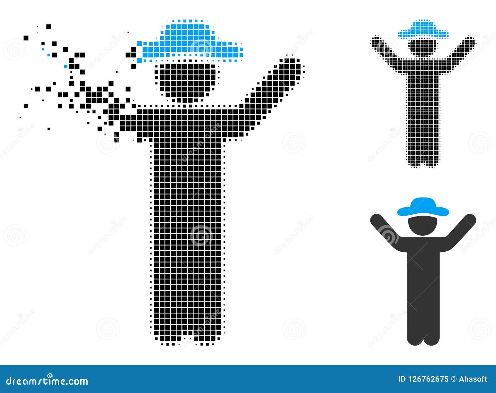 Dissolved Pixelated Halftone Hands Up Gentleman Icon Stock Vector ...