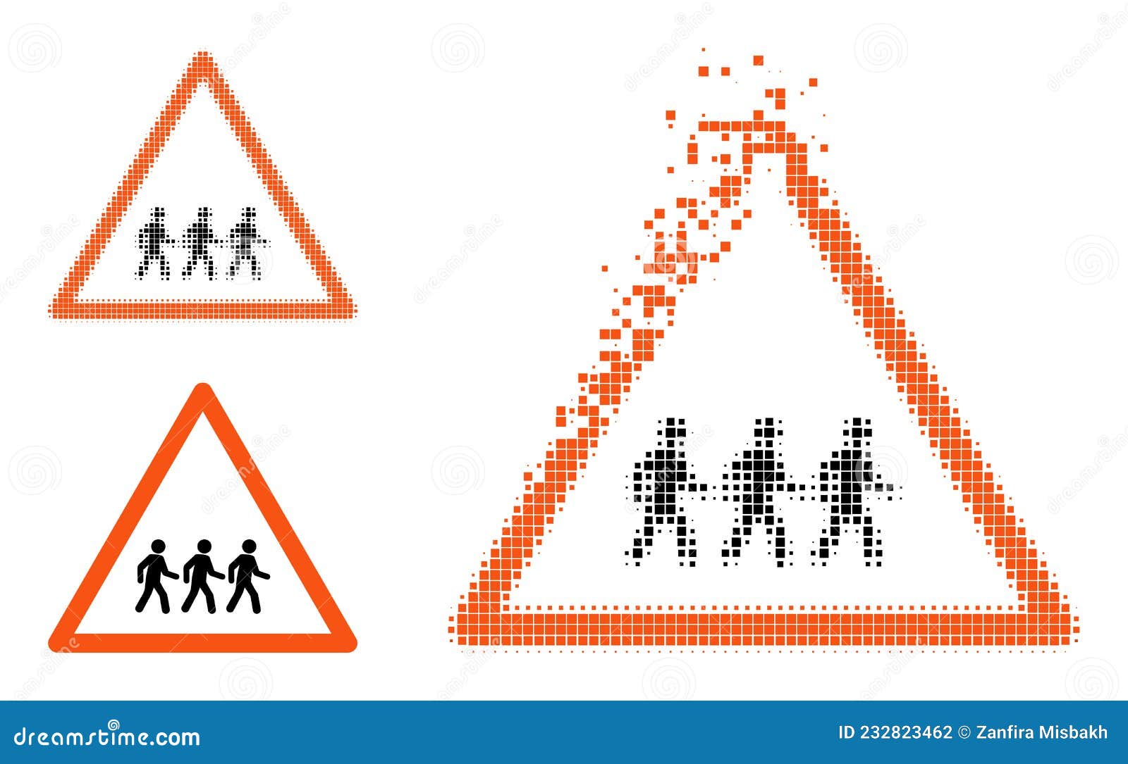 Shredded Pixel Pedestrian Men Warning Glyph with Halftone Version Stock ...