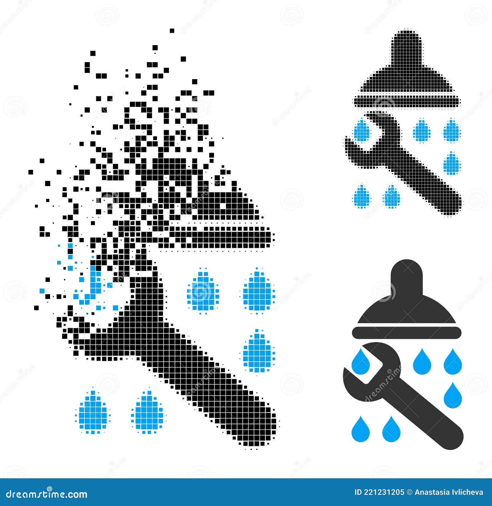 Destructed and Halftone Pixelated Shower Plumbing Glyph Stock Vector ...