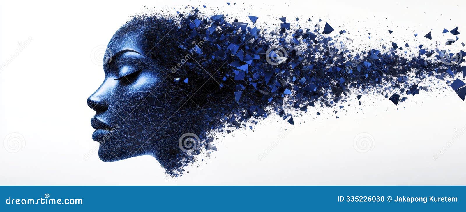 A Dissolving Blue Wireframe Human Face on a White Background. Stock ...