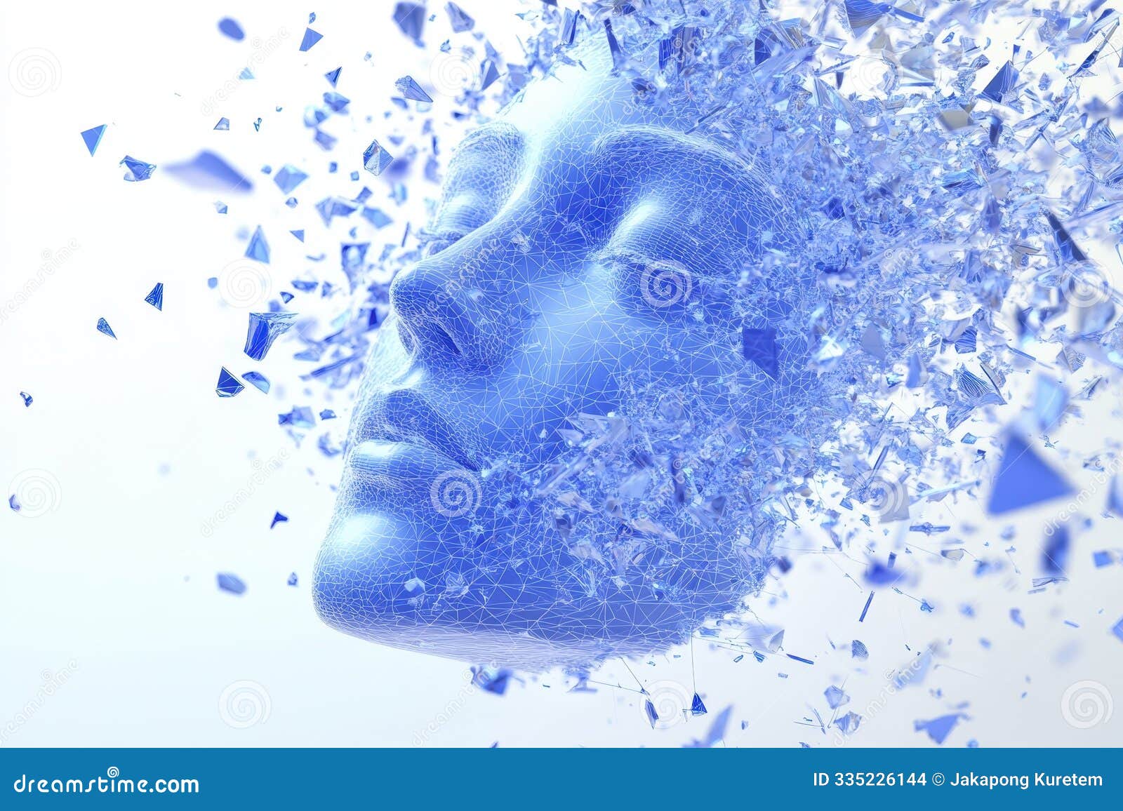 A Dissolving Blue Wireframe Human Face on a White Background. Stock ...