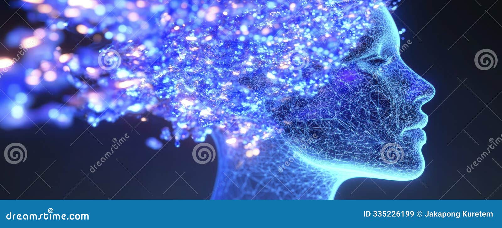 A Dissolving Blue Wireframe Human Face On A White Background. Stock ...